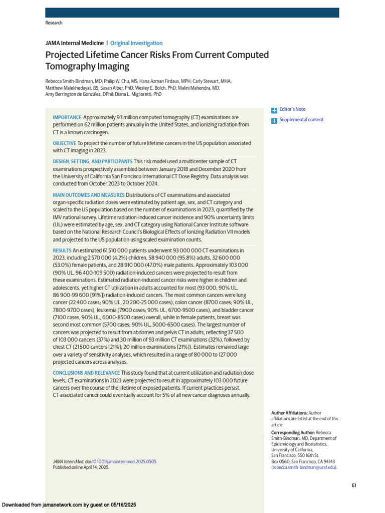 CT SCAN Cancer Risk JAMA Internal 15.04.2025 | PDF | Ct Scan | Cancer