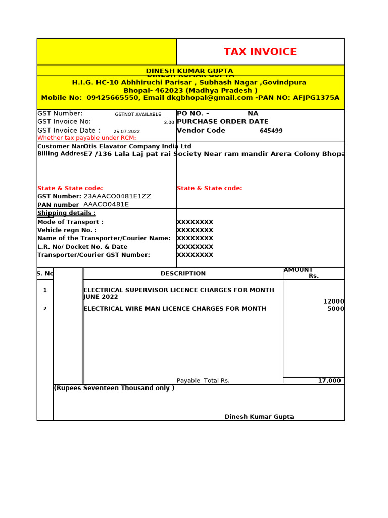Dinesg Guptaji Otis Monthly Bill Proforma | PDF | Payments | Taxation
