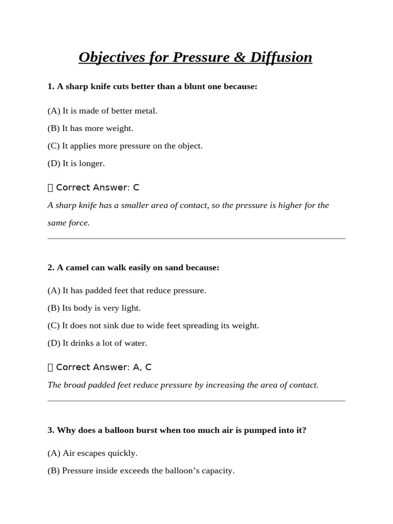 Pressure & Diffusion MCQ's | PDF | Gases | Pressure
