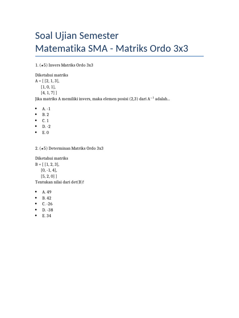 Soal Ujian Matriks Ordo 3x3 | PDF