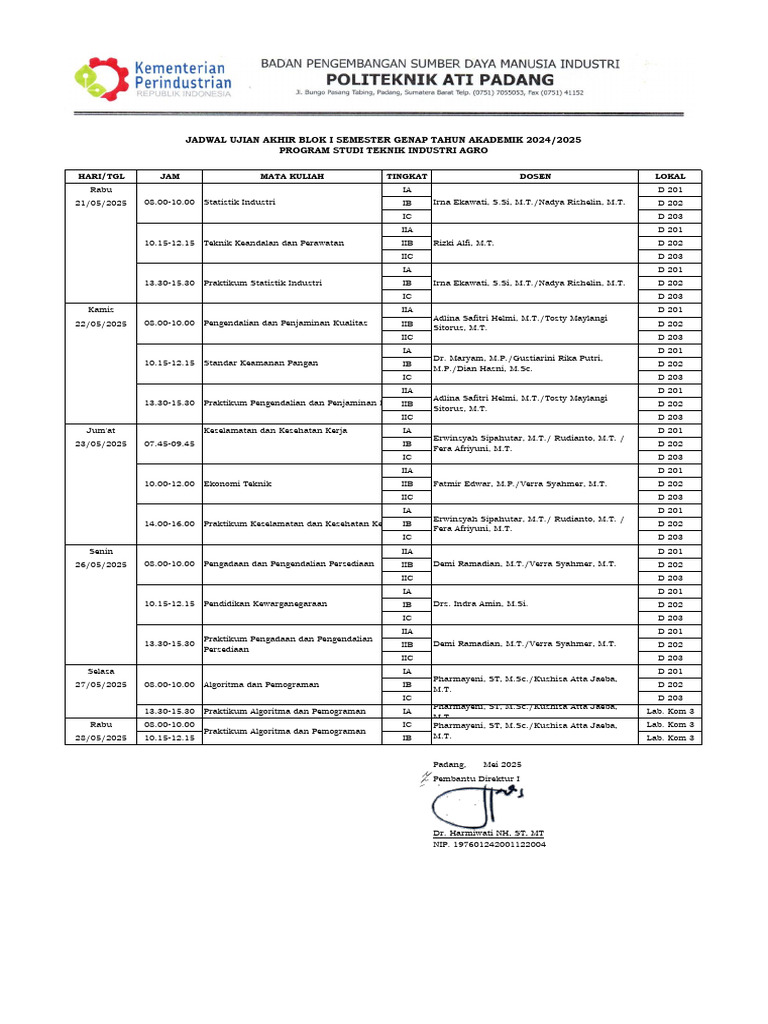 Jadwal Uas Blok I Semester Genap 2024-2025 Prodi Tia Fix | PDF