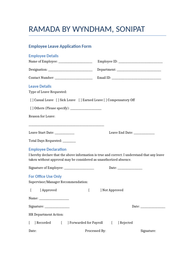 Leave Application Form Ramada Sonipat | PDF