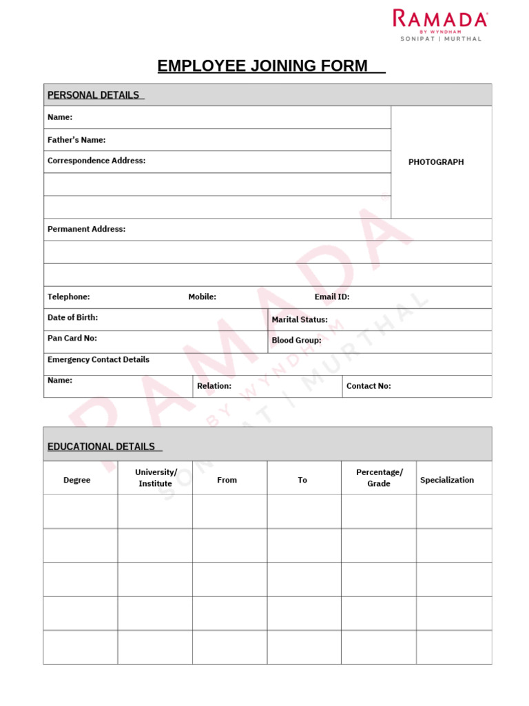 Employee Joining Form Template | PDF