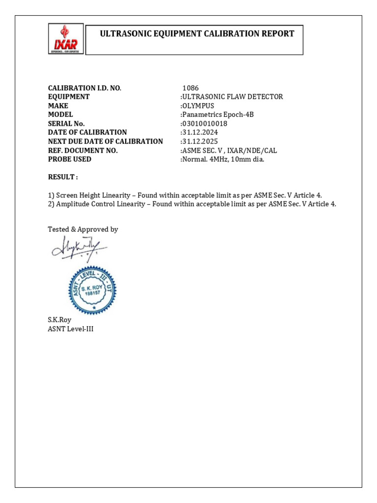 Ultrasonic Flaw Detector Calibration Report | PDF