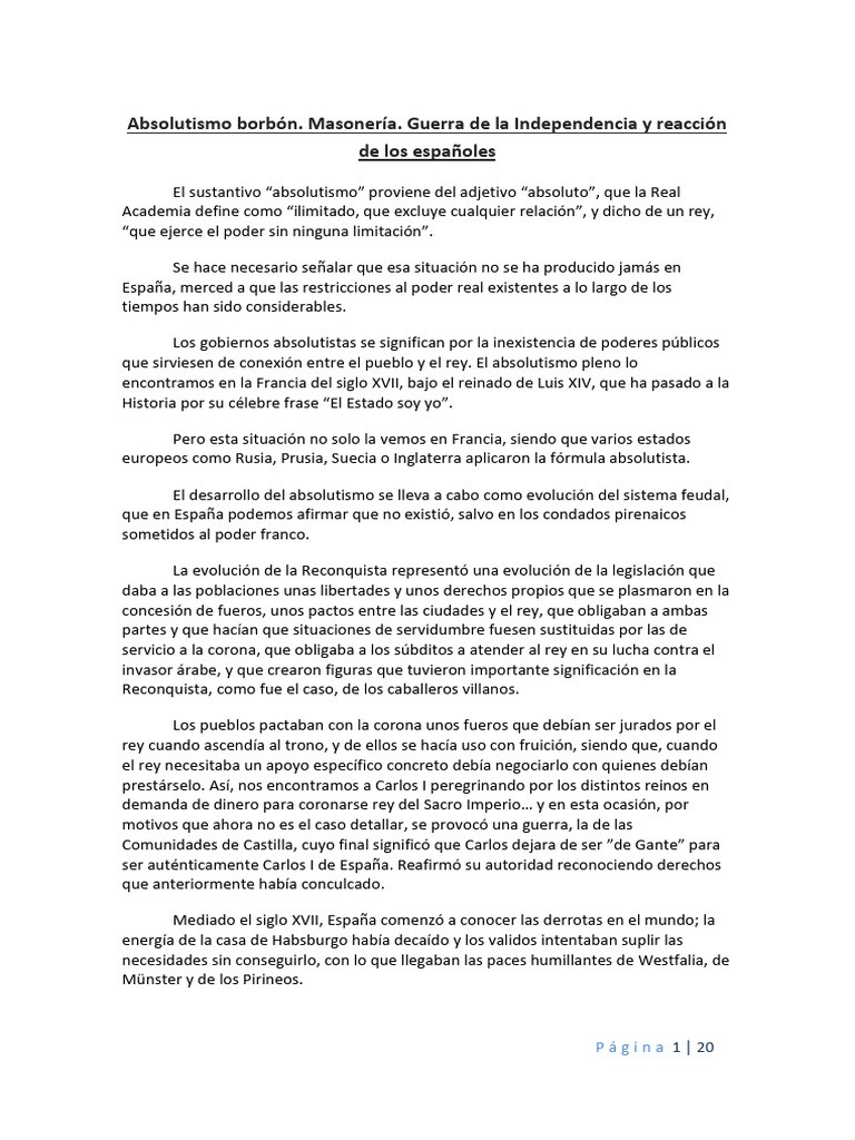 Absolutismo Borbón. Masonería. Guerra de La Independencia y Reacción de ...