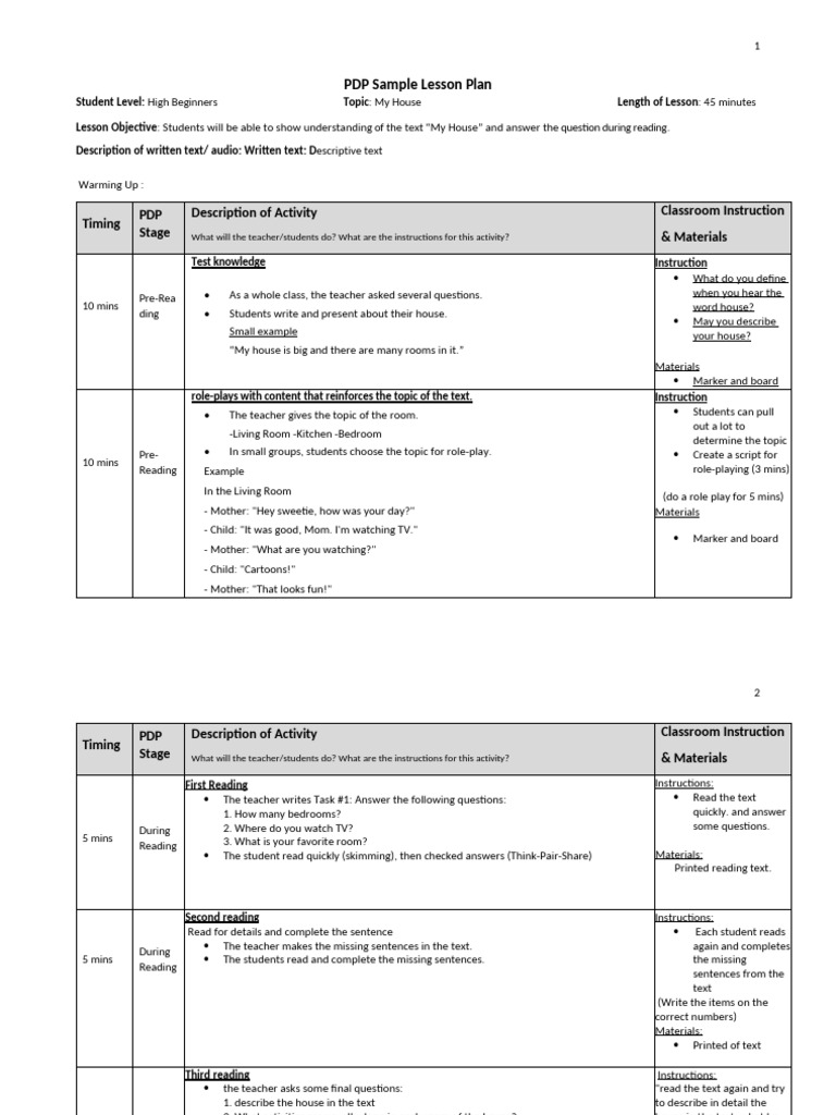 My House Lesson Plan for Beginners | PDF | Teachers | Classroom