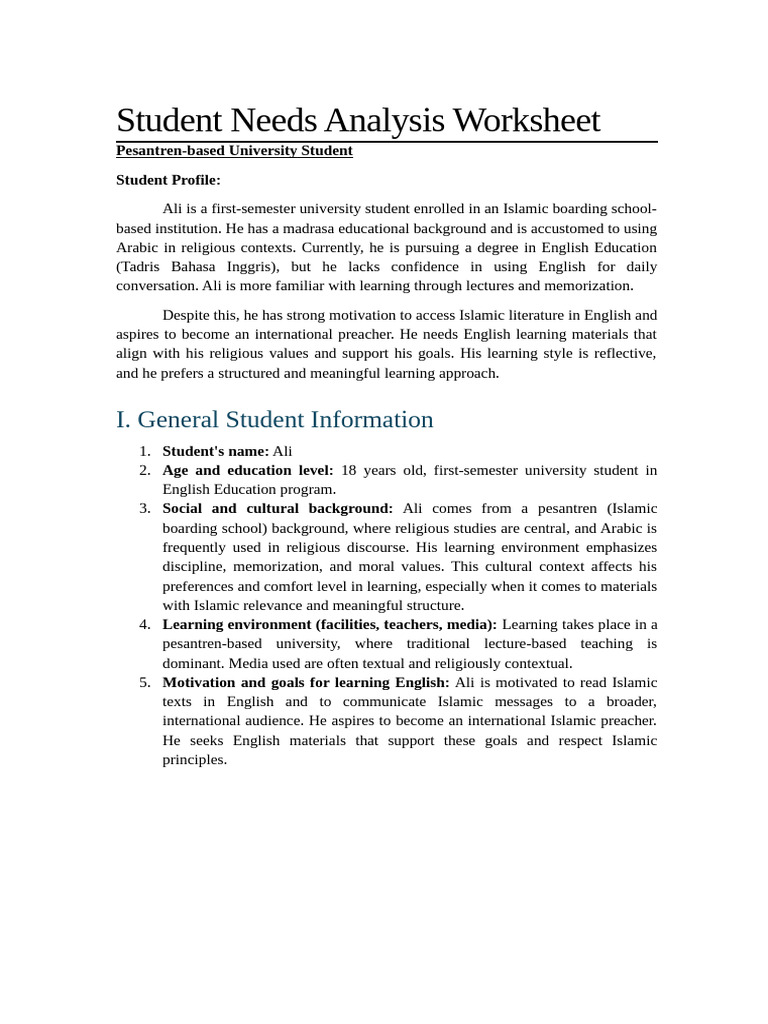 Student Needs Analysis Worksheet Kel.2 | PDF | Learning | Sermon