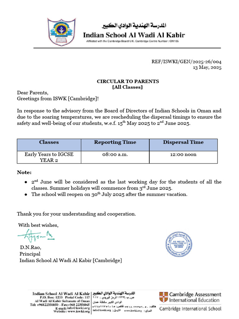 Circular to Parents All Classes - Change in school dispersal timings due to high temperature | PDF