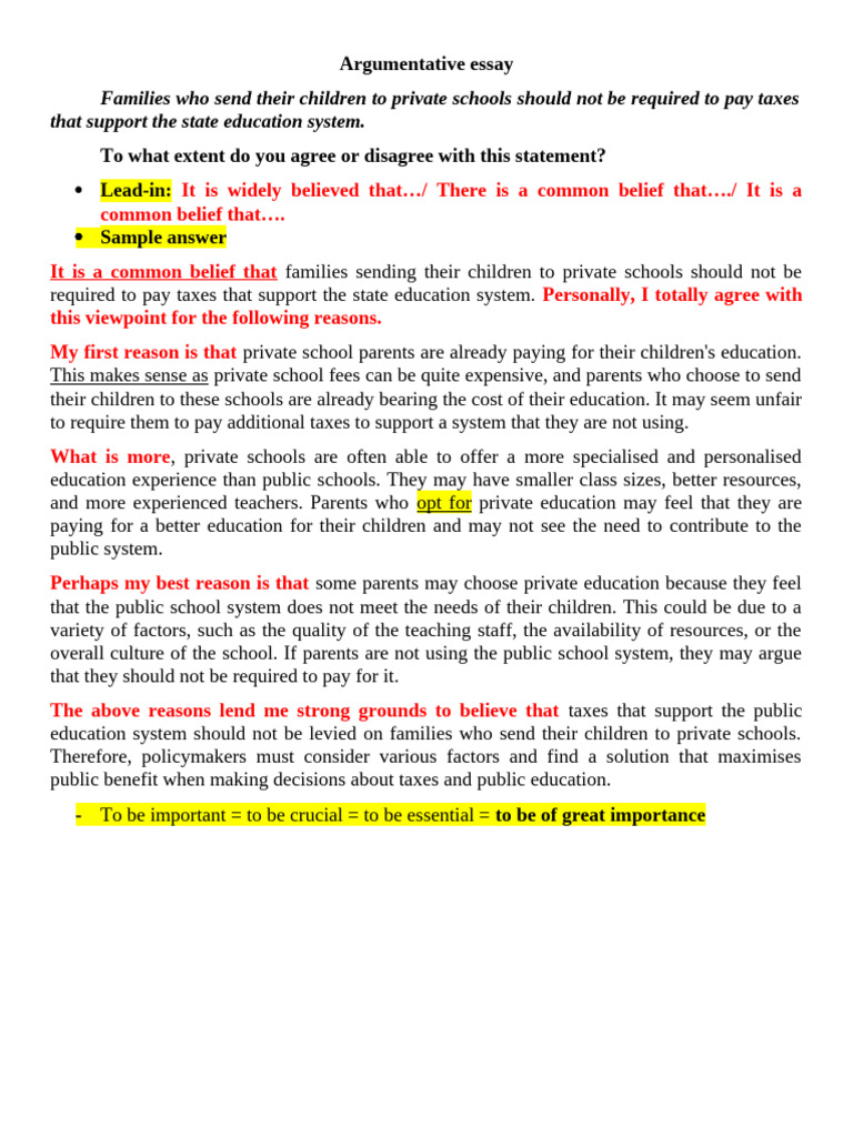 ARGUMENTATIVE ESSAY- sample topic | PDF