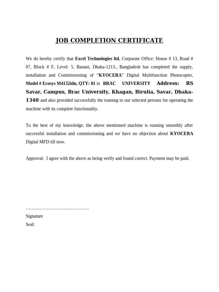 Job Complition certificate Sample | PDF