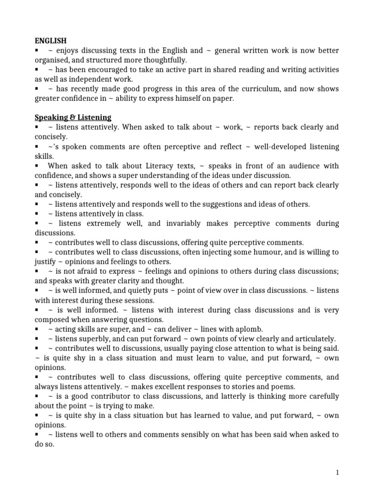 Report Writing - Comment Bank | PDF | Literacy | Spelling