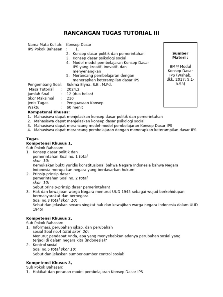 Rancangan Tugas Tutorial IPS 2024.2 | PDF