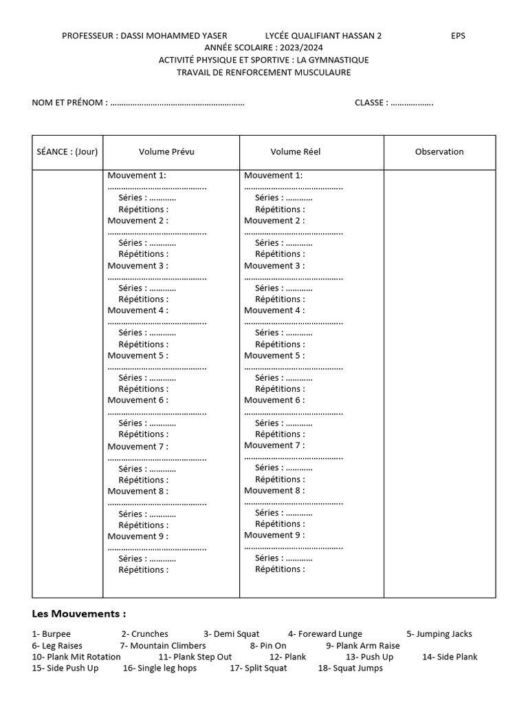 Fiche Séance Renforcement Musculaire | PDF
