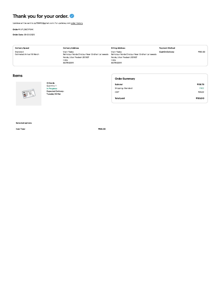 VistaPrint Order Details | PDF