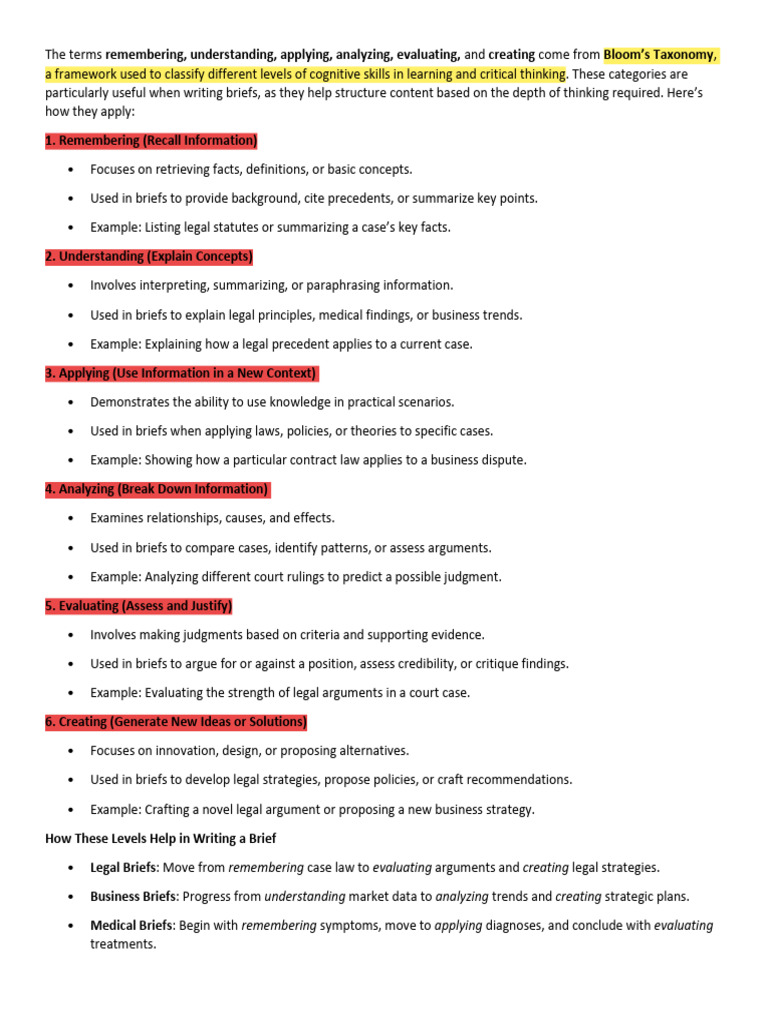 Bloom's Taxonomy in Brief Writing | PDF