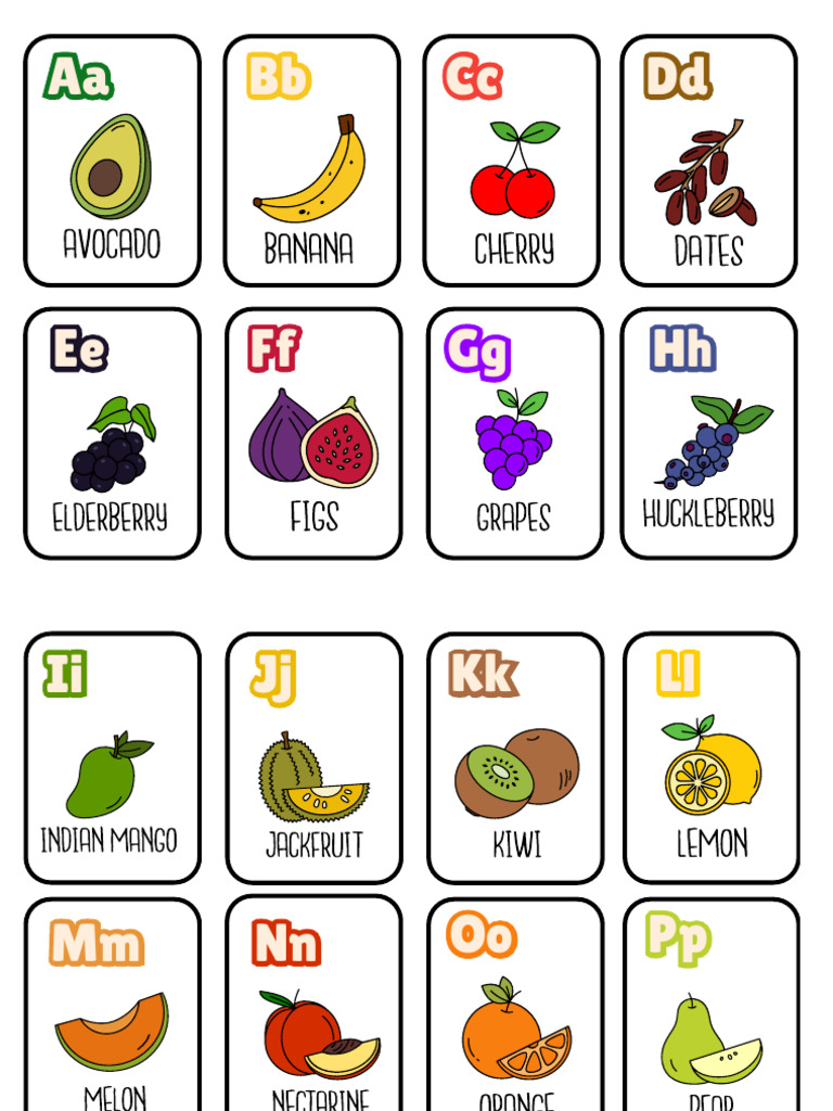 Colourful and Simple Alphabet Fruits and Vegetables Flashcards Activity ...