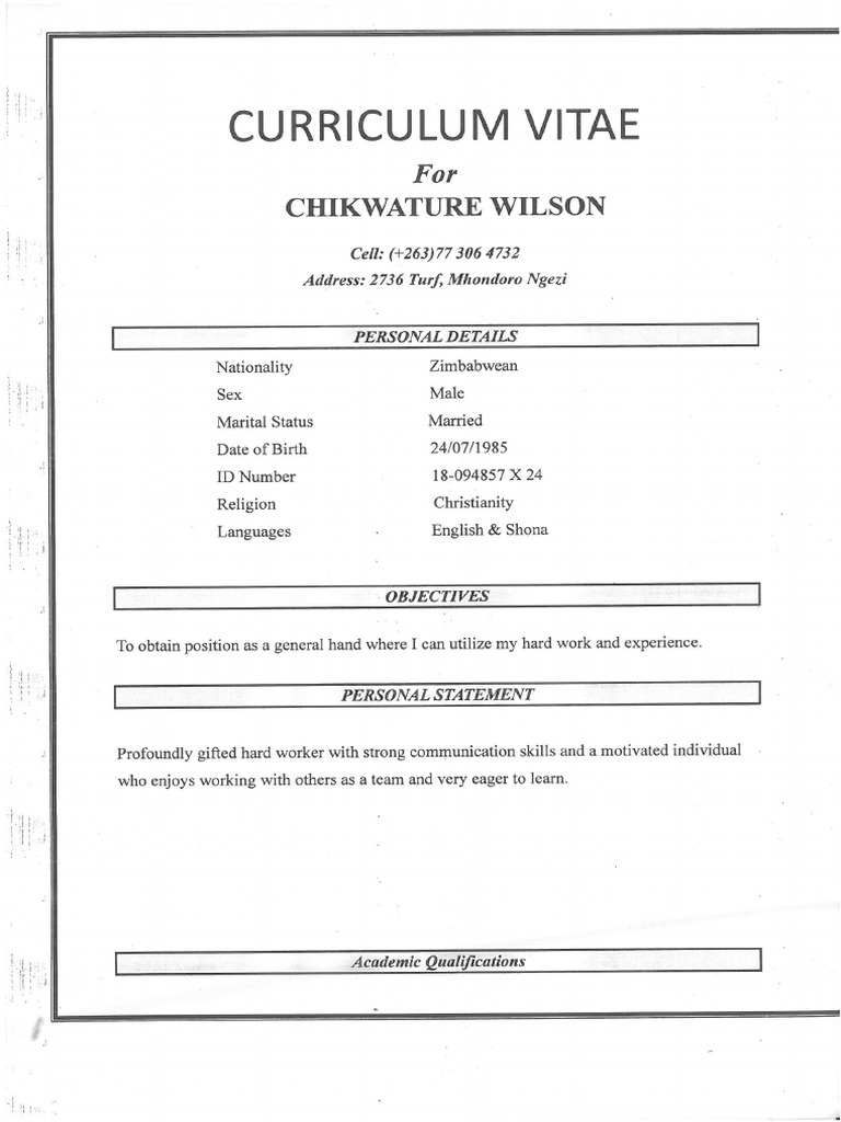 CV and Certificates For Chikwature - 025056 | PDF