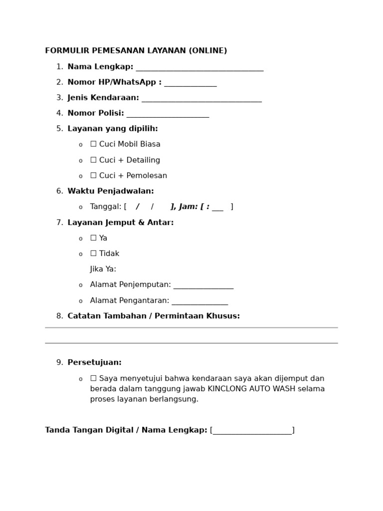 Formulir Pemesanan Layanan Kinclong | PDF