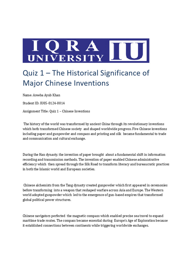 Chinese Inventions Quiz-1 | PDF