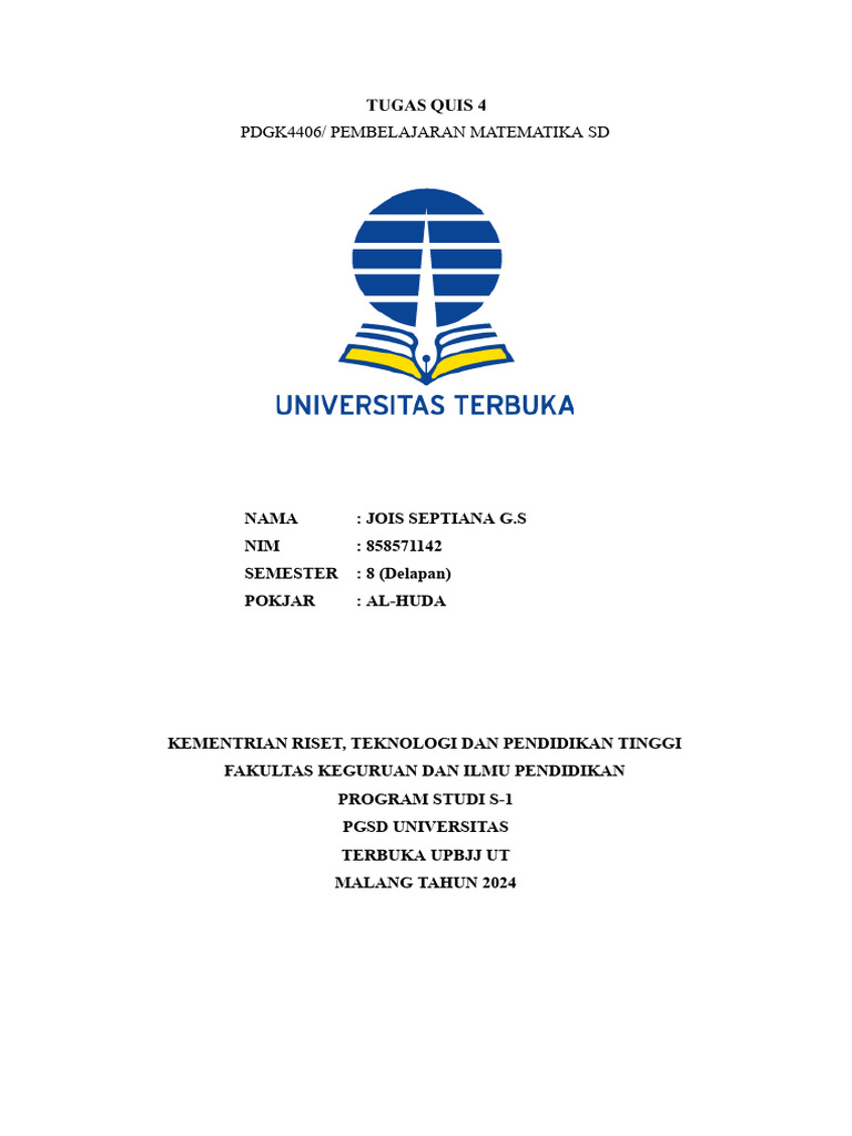 Tugas Quis 4 Pembelajaran Matematika (JOIS - 858571142) | PDF