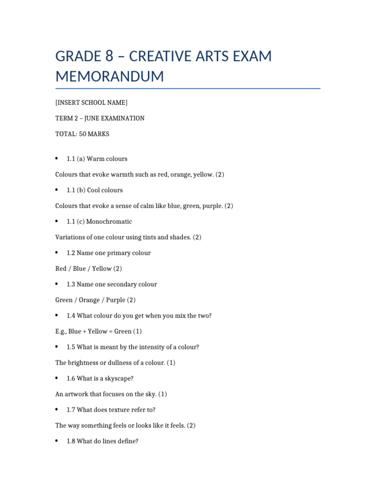Grade 8 Creative Arts Exam Memo Term 2 | PDF | Color | Composition ...