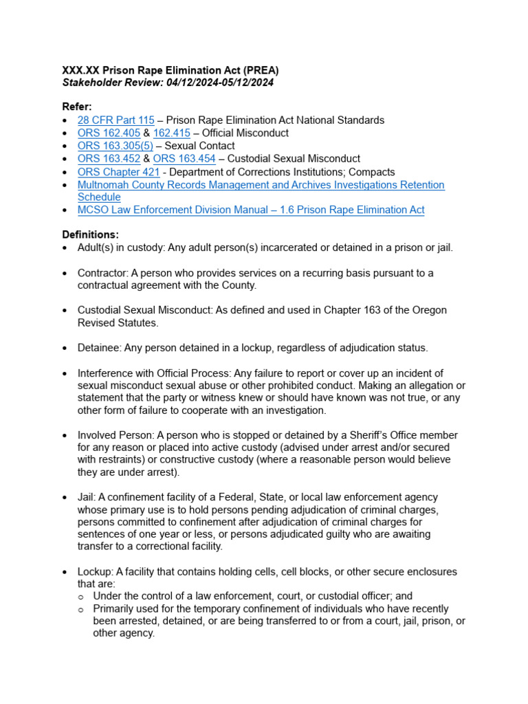 PREA Compliance Overview and Definitions | PDF | Sexual Harassment | Prison