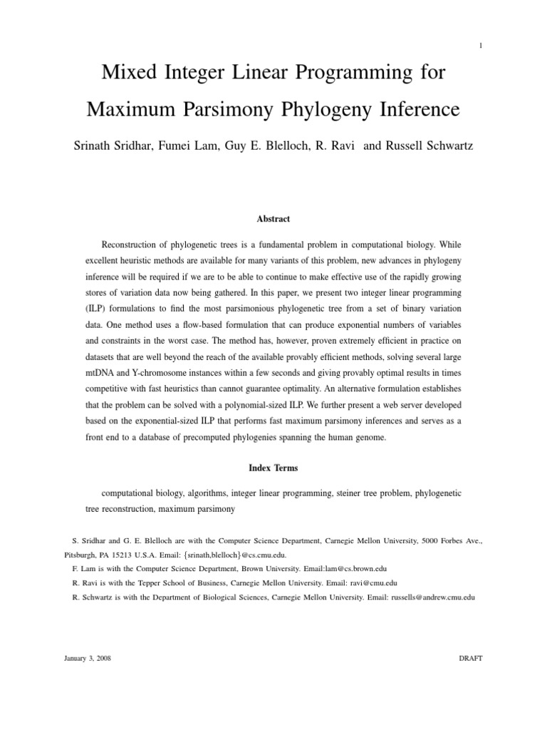 Mixed Integer Linear Programming For Maximum Parsimony Phylogeny ...