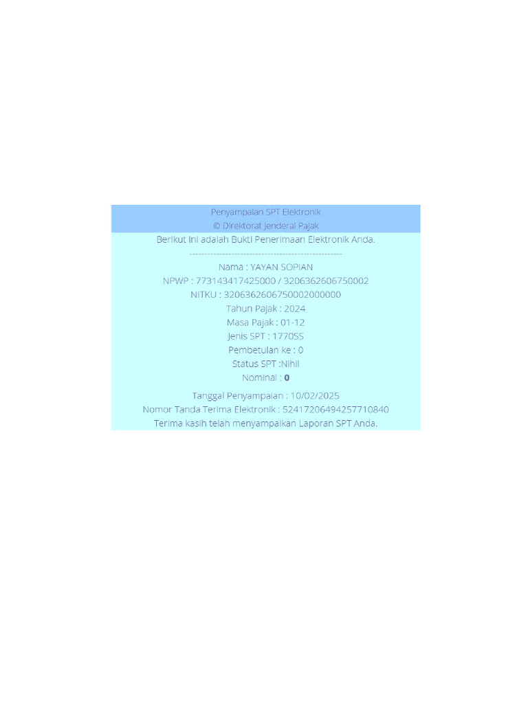 Bukti Penerimaan Elektronik SPT 2024 Yayan Sopian | PDF