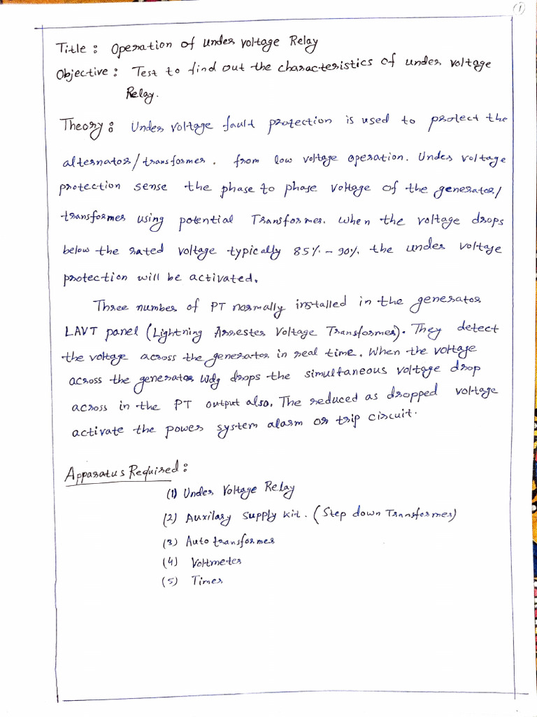 Experiment 02 Under Voltage Relay Power System | PDF | Electricity ...