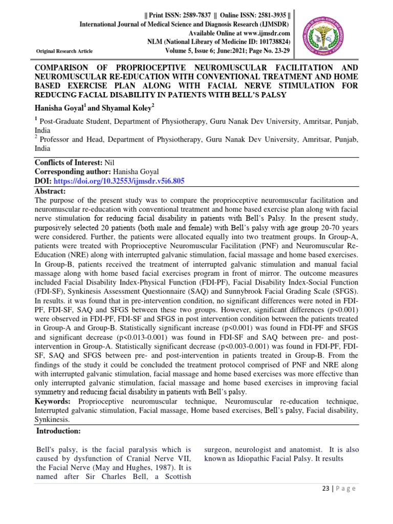PNF vs NRE in Bell's Palsy Treatment | PDF | Diseases And Disorders ...