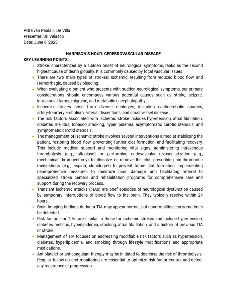 Harrisons Hour - CVD Key Learning Points | PDF | Stroke | Medicine