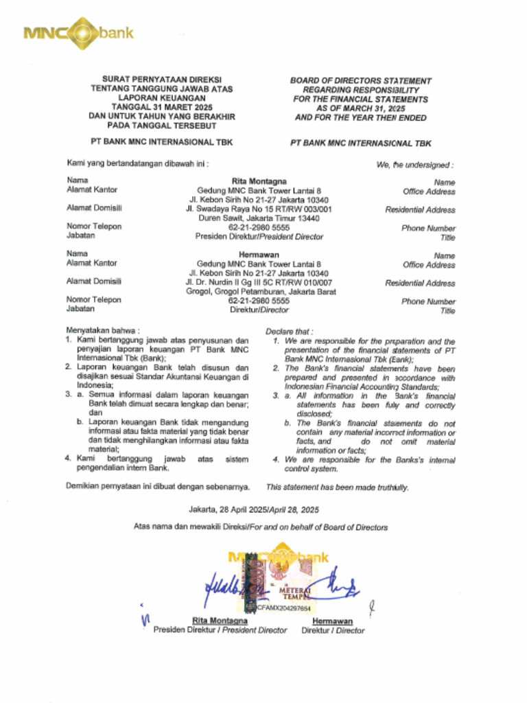 Pernyataan Direksi Lap Keu Mar 2025 | PDF