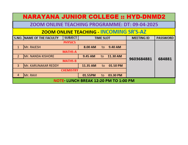 Zoom Classes Az Time Table Date 09-04-2025 | PDF