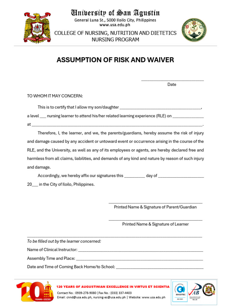 Assumption of Risk Form for Nursing RLE | PDF