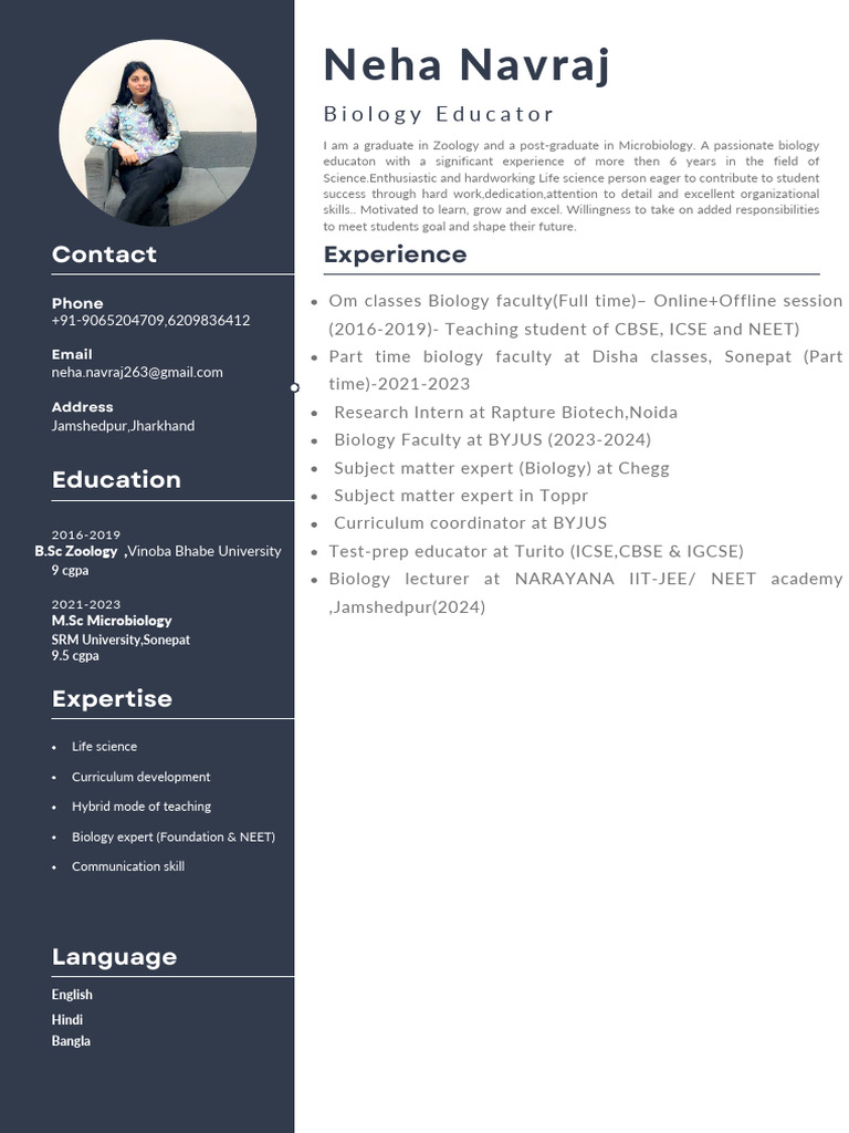Curriculum vitae-NEHA NAVRAJ(BIOLOGY) | PDF