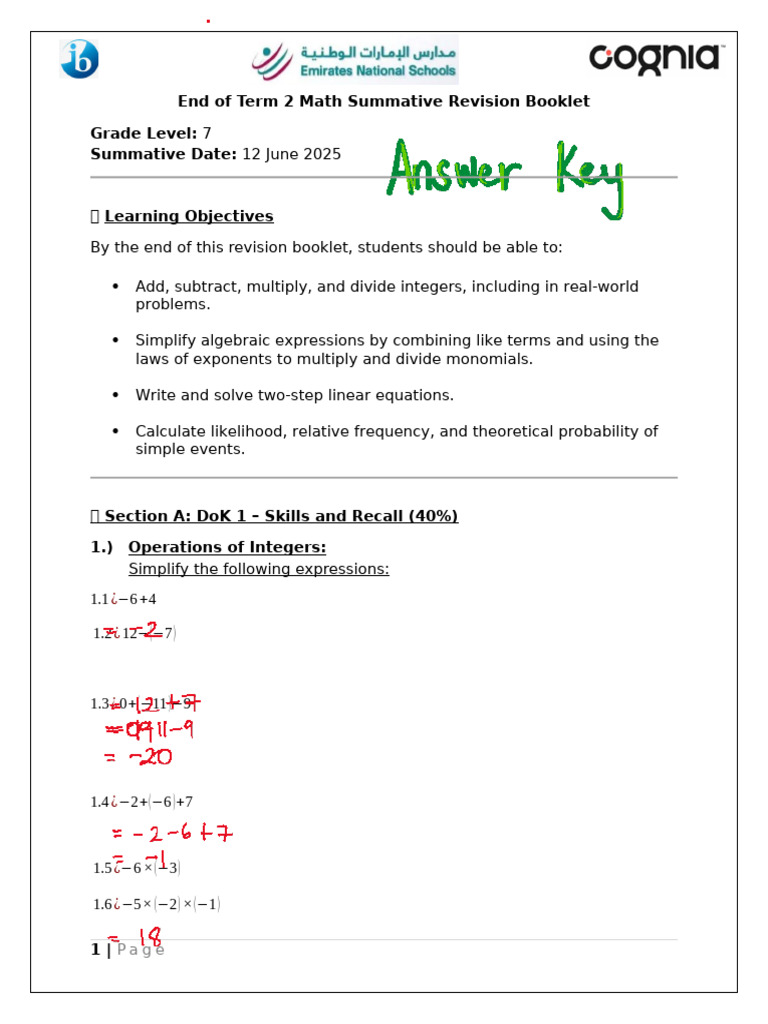 Toddle - Answer Key - Gr7 End of Term 2 Math Summative Revision Booklet ...