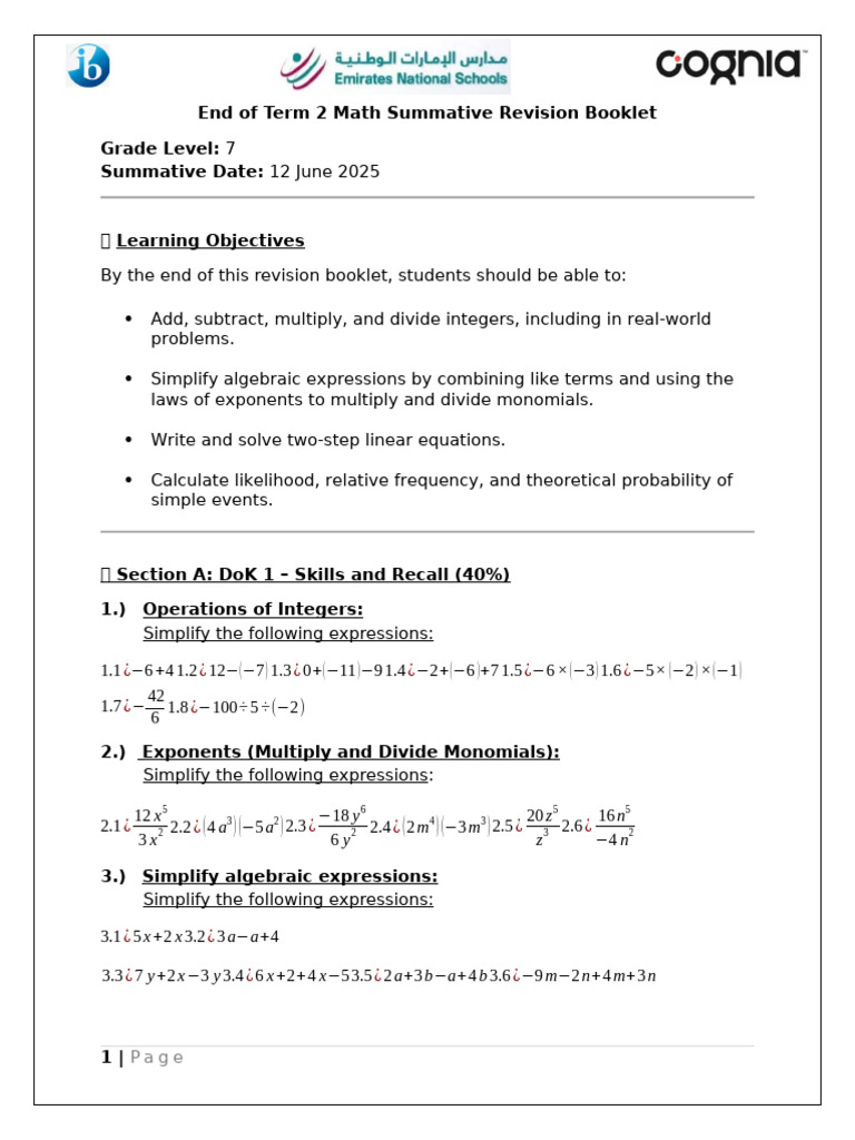Toddle - Gr7 End of Term 2 Math Summative Revision Booklet | PDF | Equations | Probability