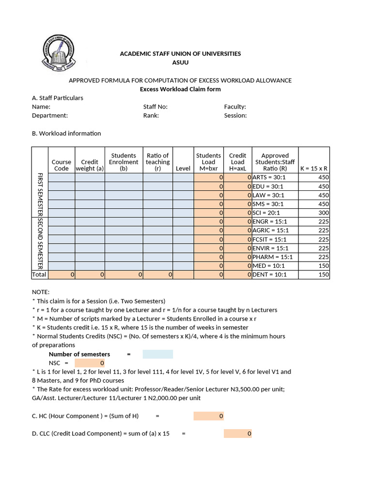 Excess Work Load Template | PDF | Course Credit | Educational Stages