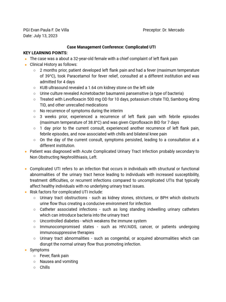 Complicated UTI - Key Learning Points | PDF | Urinary Tract Infection | Medical Specialties