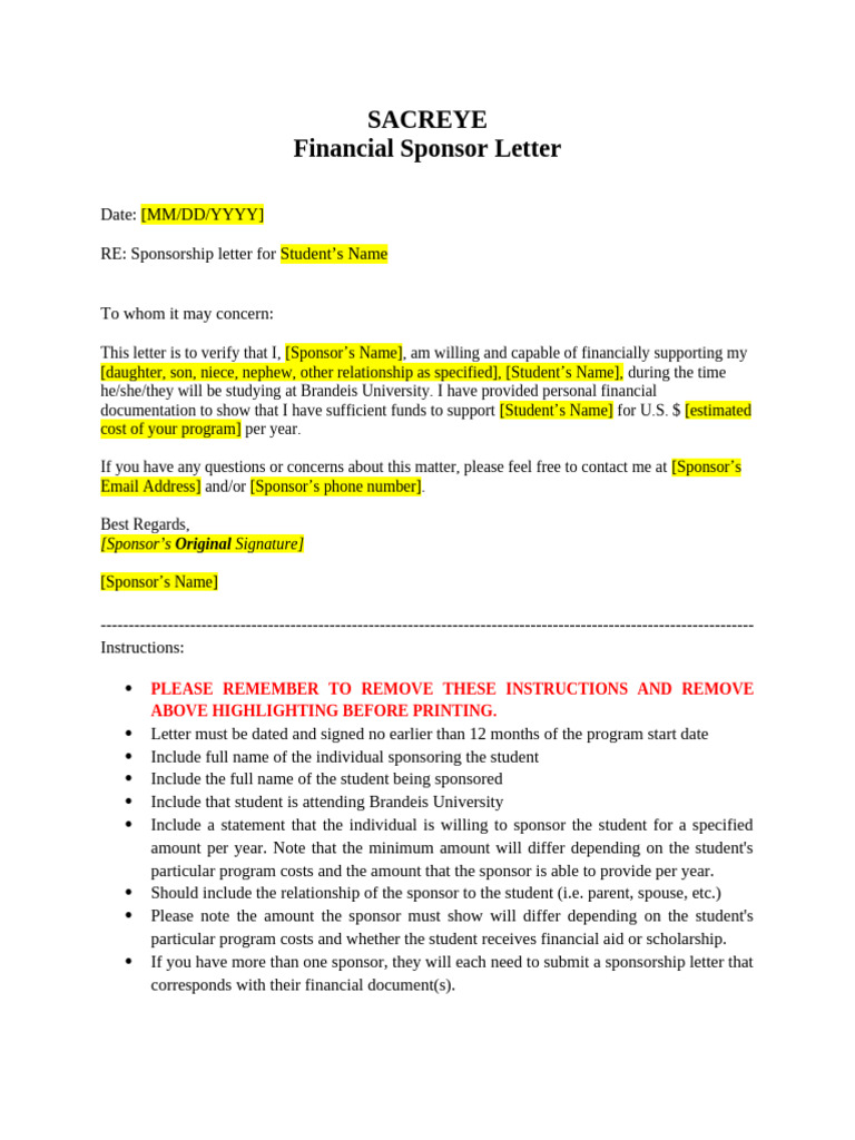 SACREYE Financial Sponsor Letter Sample | PDF