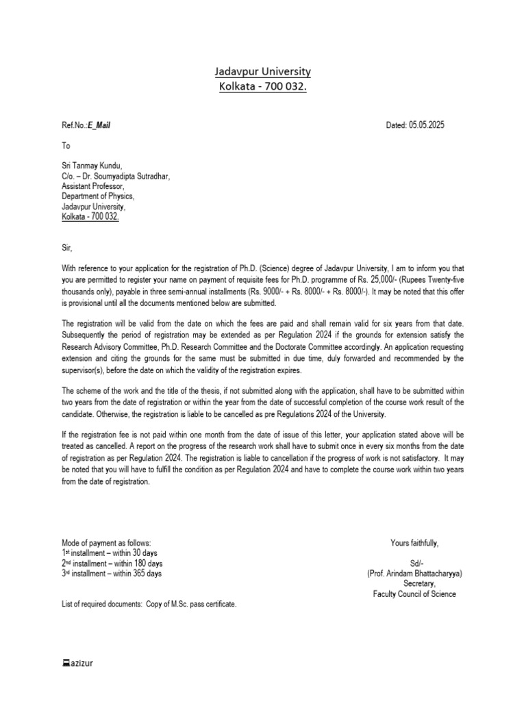 Letter of Registration for Ph.D. (Sc.) [Tanmay Kundu] | PDF | Doctor Of ...