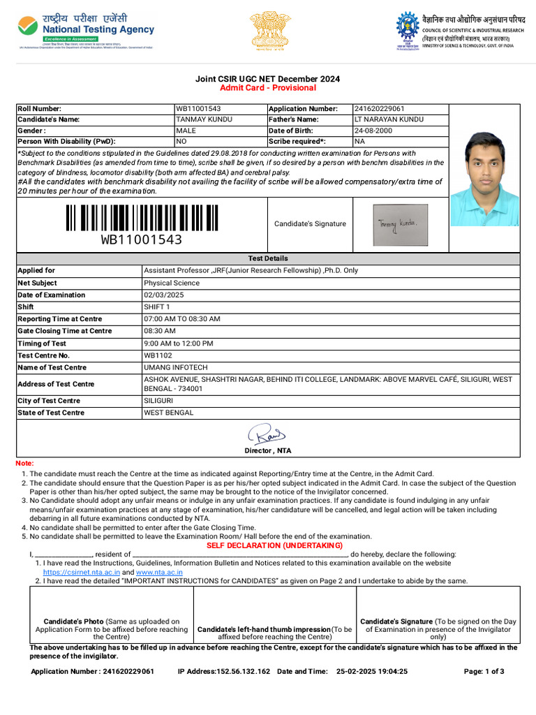 Joint Csir-Ugc Net December-2024 | PDF | Identity Document