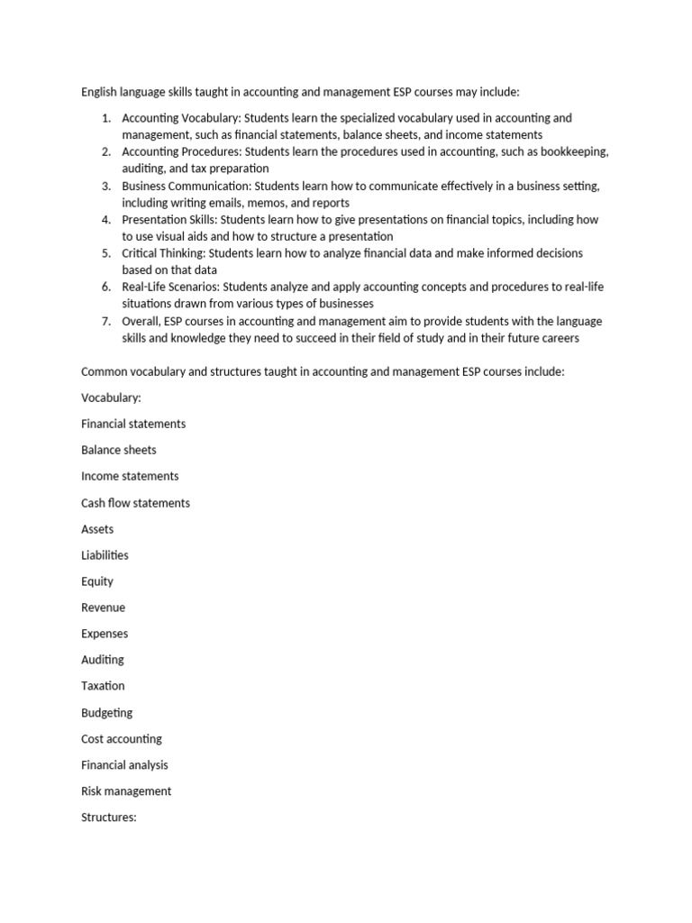 English Language Skills Taught in Accounting and Management ESP Courses ...