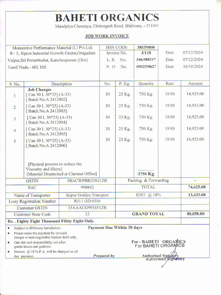 Job Invoice J118 A-33 3750 Kgs | PDF