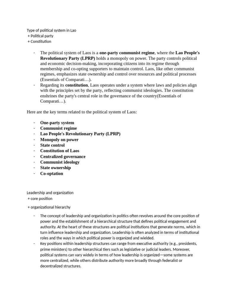 Laos Political System Overview | PDF | Leadership | Hierarchy