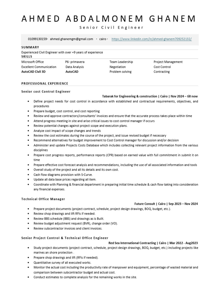 AHMED ABD ALMONEM Civil Engineer CV | PDF | Mediation | Business