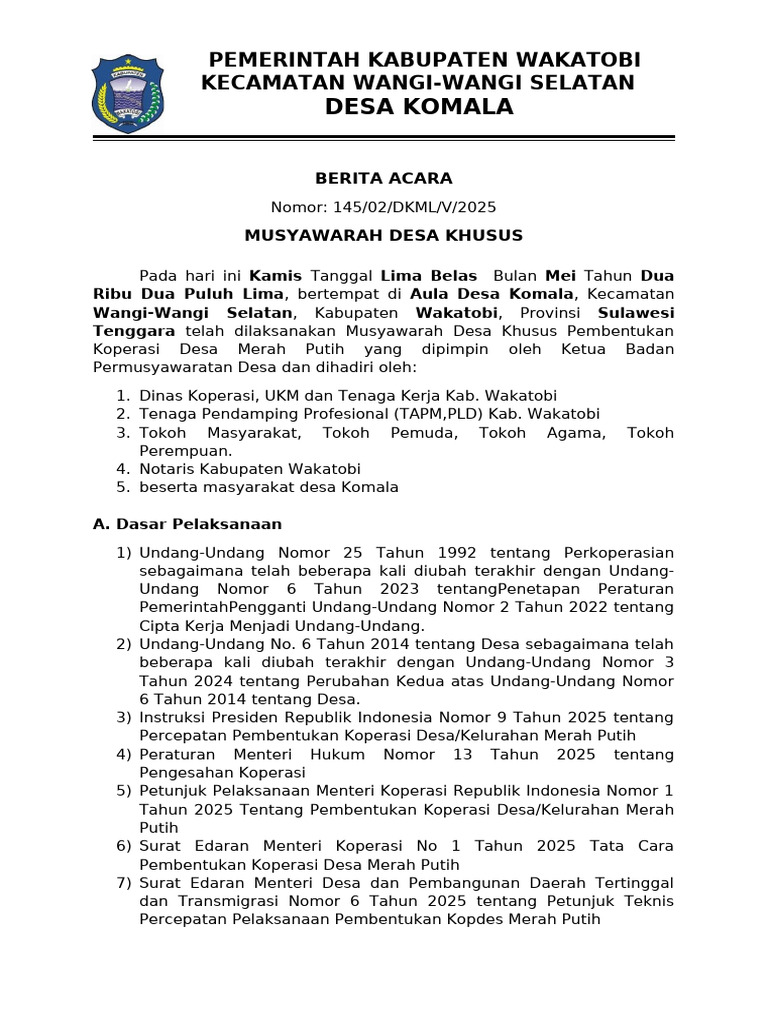 Berita Acara Musdessus Pem KOPDES | PDF