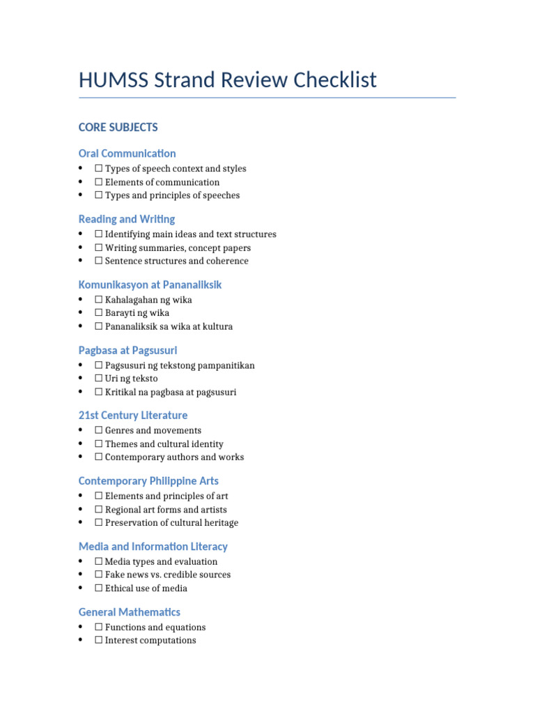 HUMSS Strand Topic Review Checklist | PDF | Science | Social Sciences