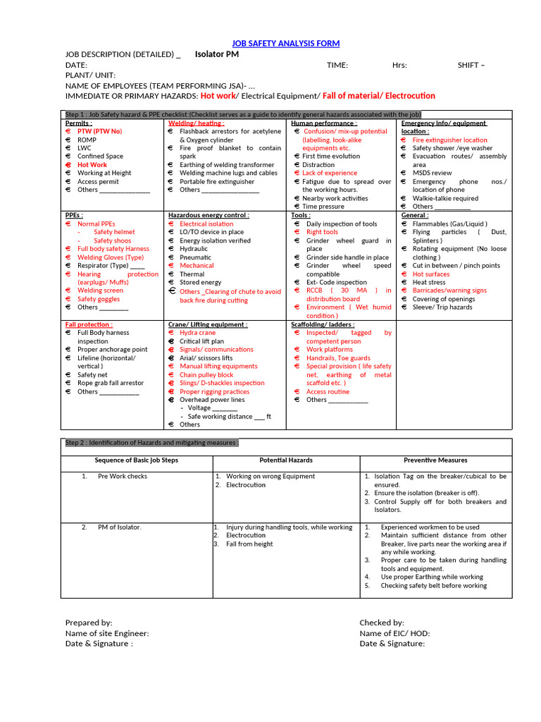 JSA Template Isolator PM | PDF | Welding | Construction