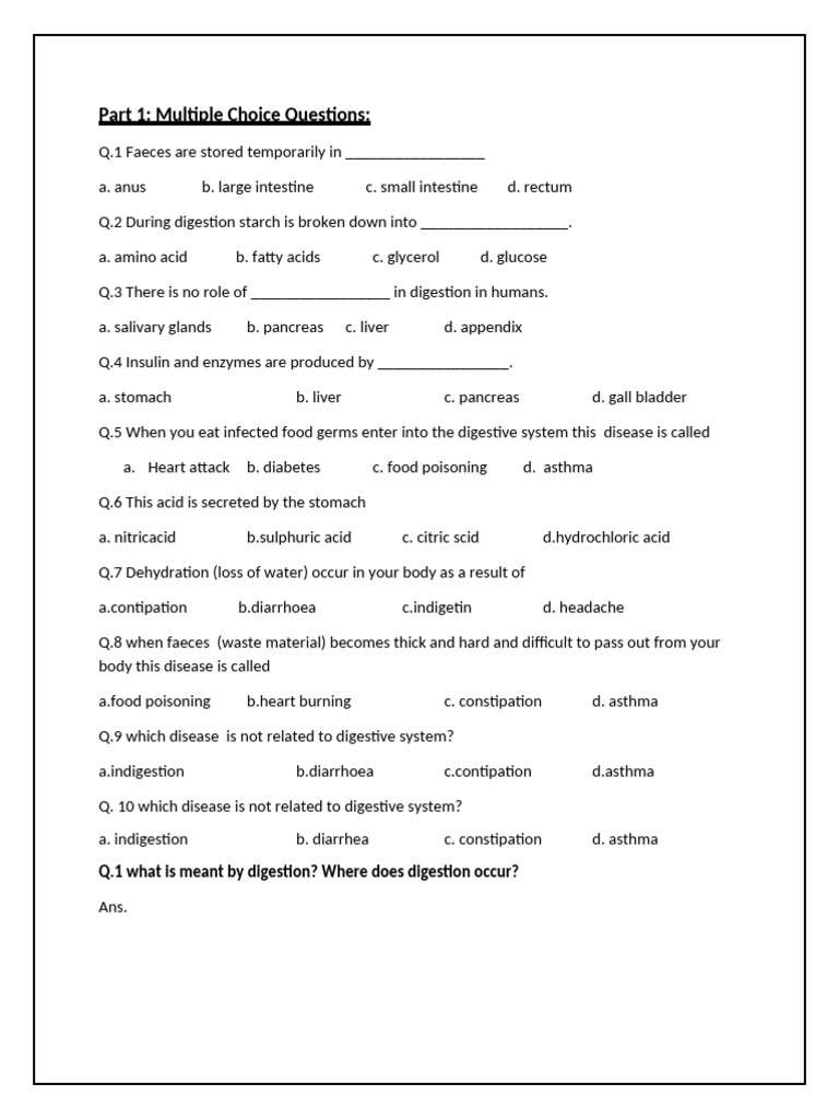 Digestive System Comprehensive Test (Grade 7) | PDF | Digestion ...